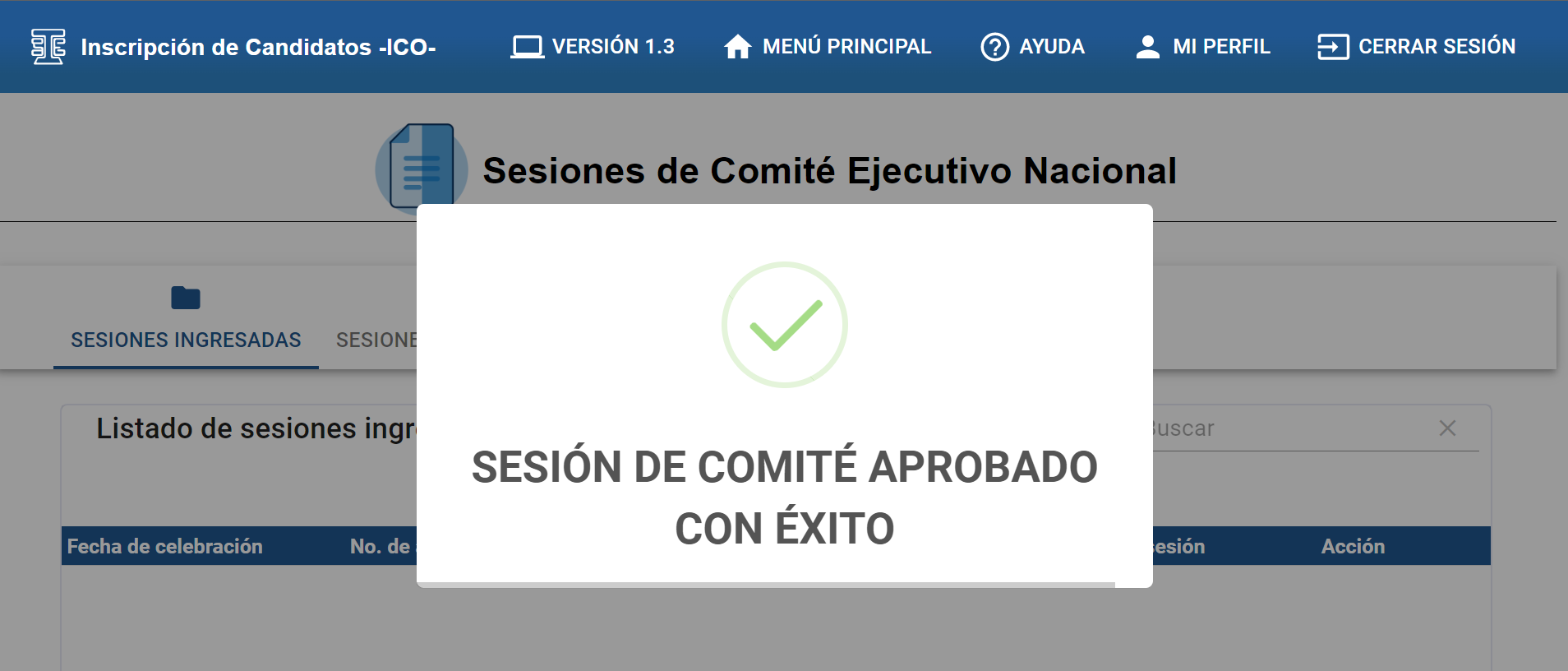 Sesiones de Comité Ejecutivo Nacional | Ayuda del Portal Web TSE